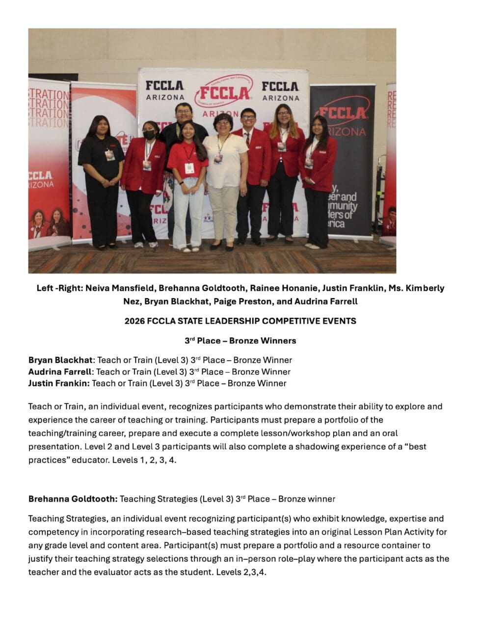 FCCLA State Competition Winners 2026 | Tuba City Unified School ...